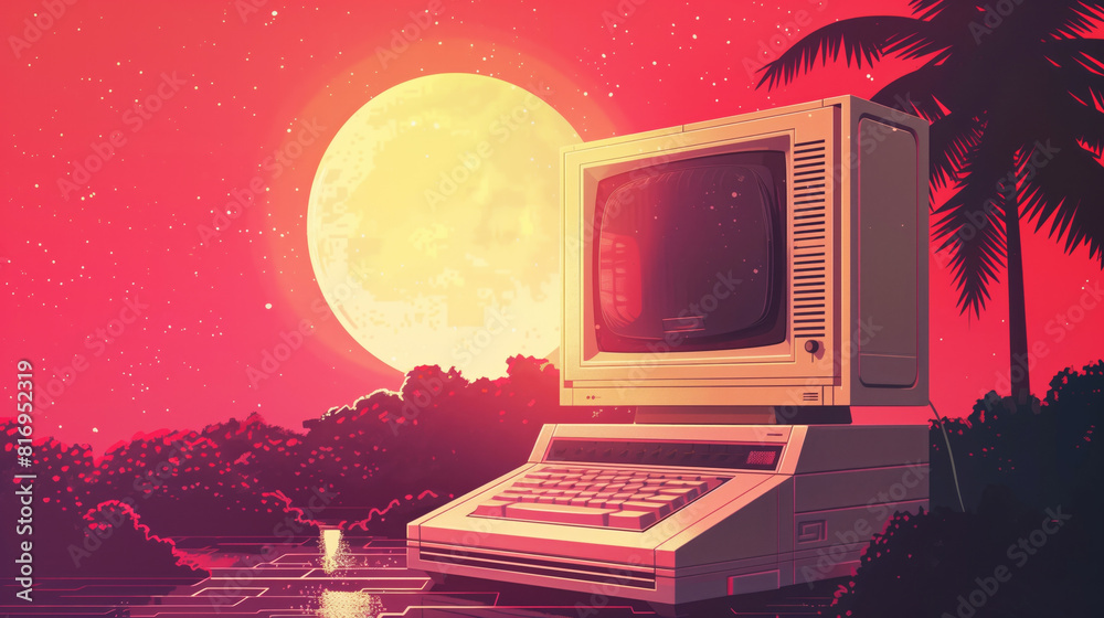 Retro computer against a vibrant sunset with a large full moon ...