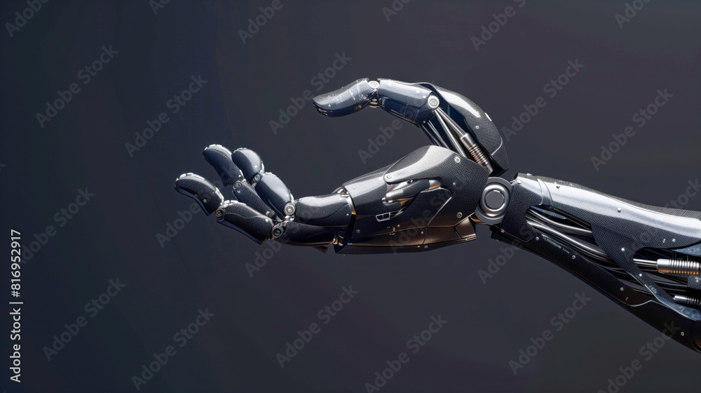 Futuristic robotic arm with intricate mechanical details, extended in a ...