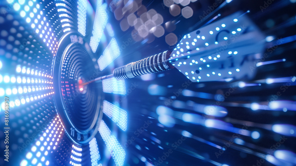 A digital visualization of a dart hitting the bullseye of an ...