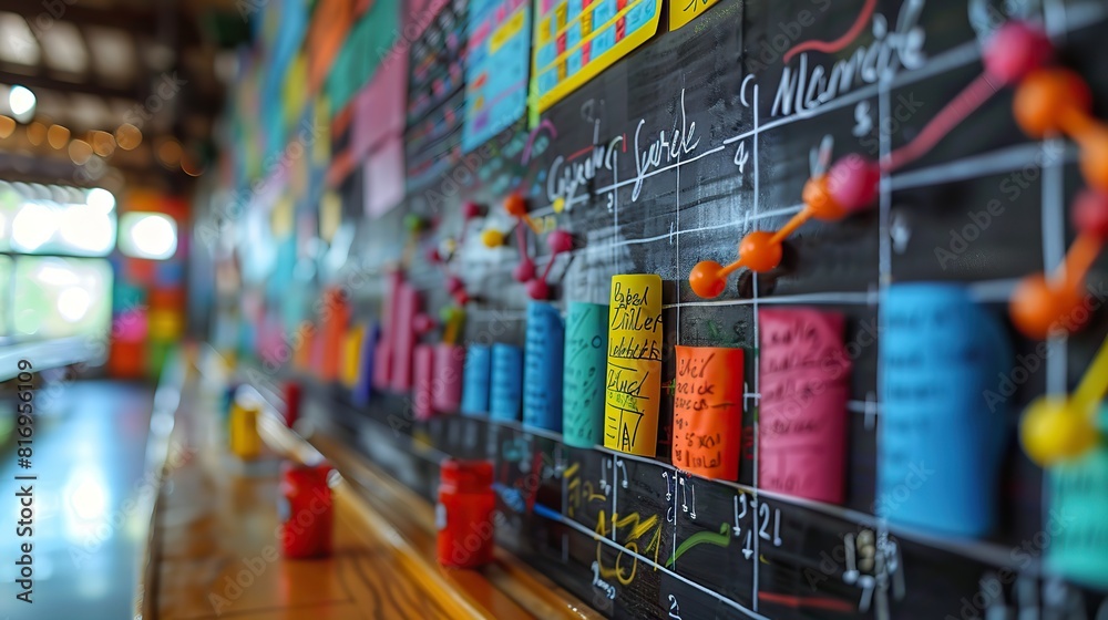 whiteboard filled with colorful notes, diagrams, and equations ...