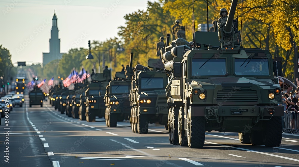 Column of military equipment rolling down the parade route Stock Photo ...