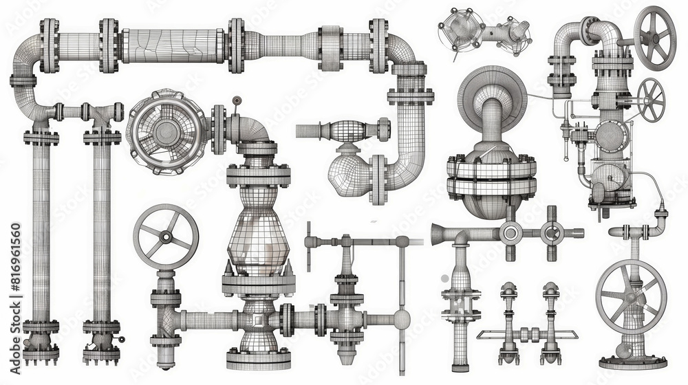 A highly detailed technical wireframe illustration of industrial piping ...