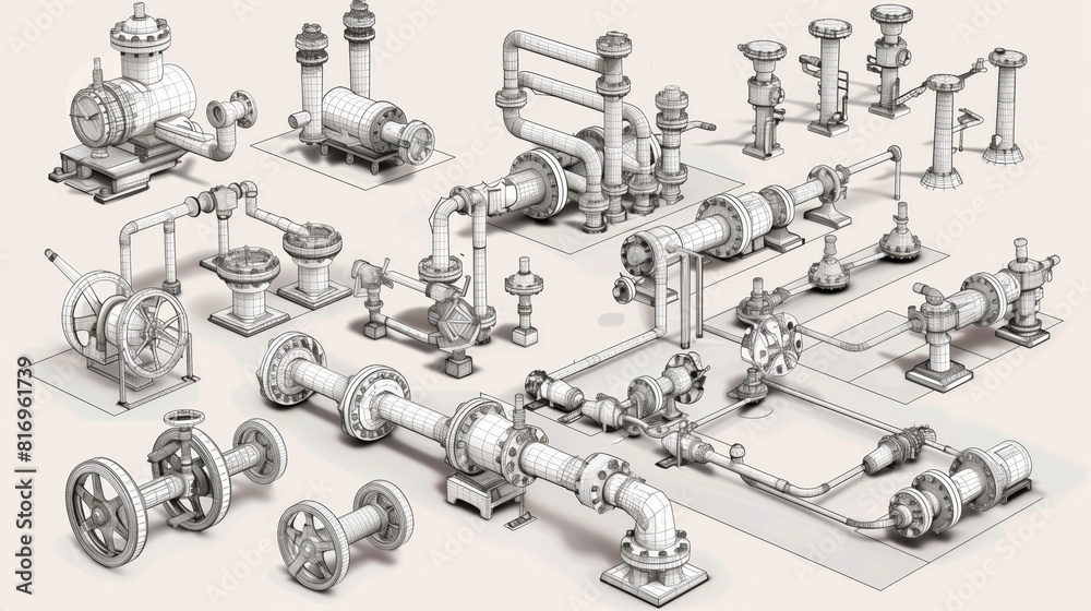 Detailed technical drawings and wireframe models of industrial ...