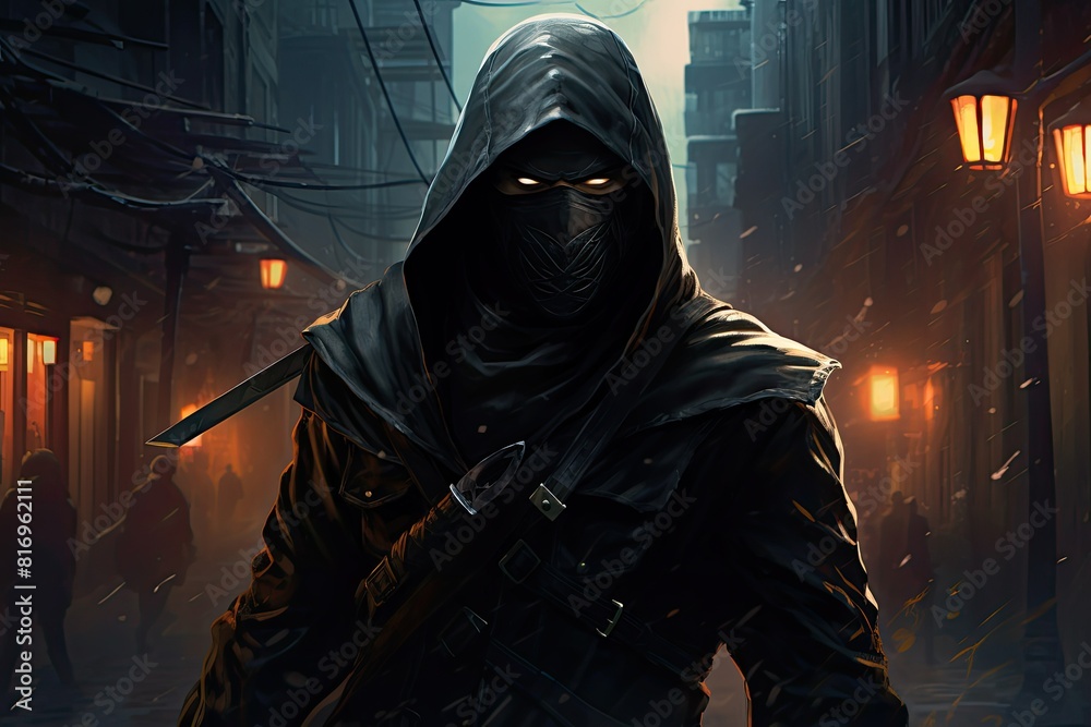 A man dressed in a hooded outfit holding a sword in a secretive and ...