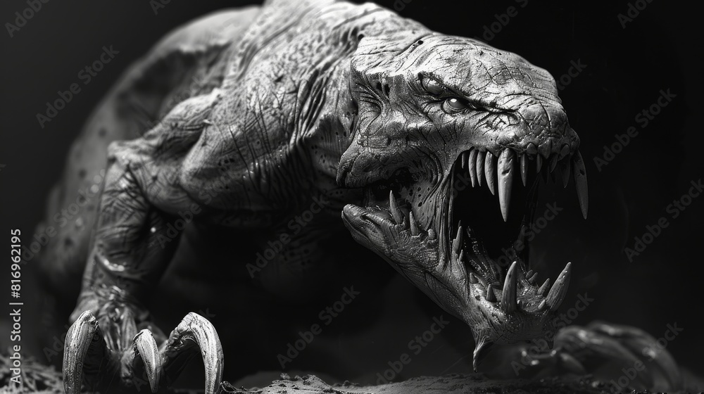 The creature looks like a mix of a lizard and a dinosaur. It has sharp ...