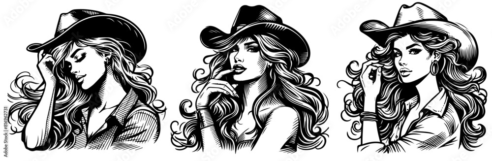 cowgirl pinup girl, pin-up woman, black vector transparent background ...