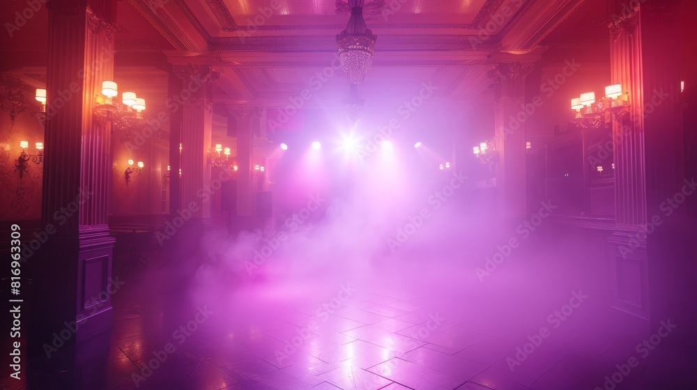 The photo shows a beautiful ballroom with a glowing pink dance floor ...