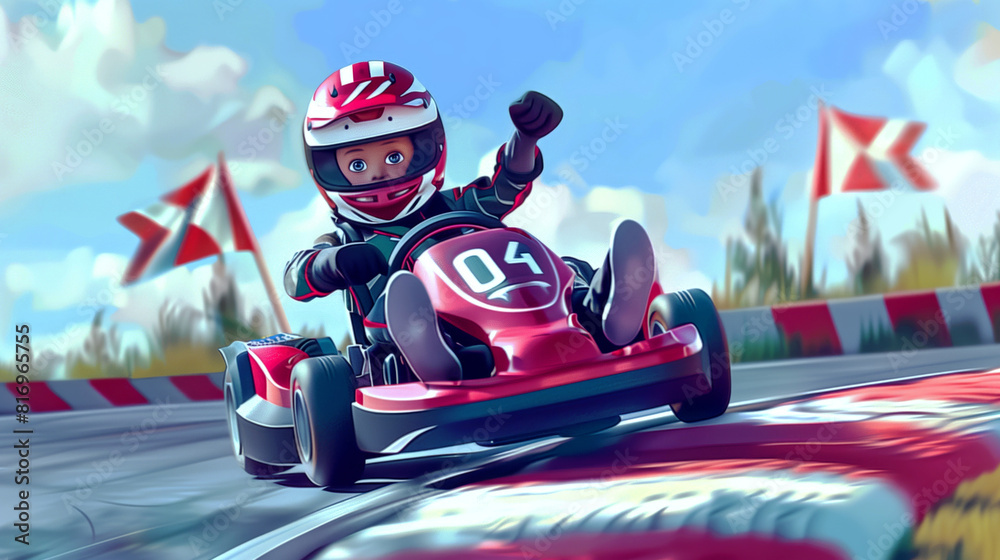 Animated image of a go-kart racer wearing a helmet and suit, raising a ...
