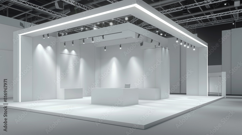 A modern, minimalist exhibition booth set up in a large indoor venue ...