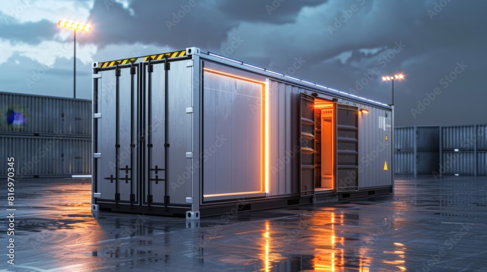 Create an image of a smart cargo container equipped with AI-powered sensors and actuators ...