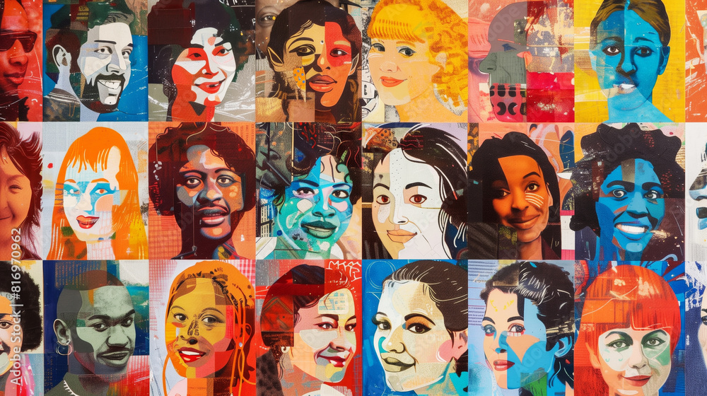 Colorful collage featuring diverse portraits of men and women created ...