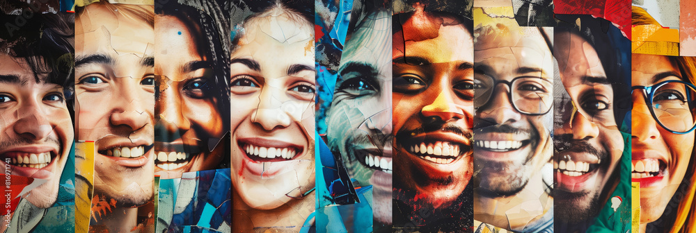 Artistic collage featuring close-up portraits of diverse, smiling faces ...
