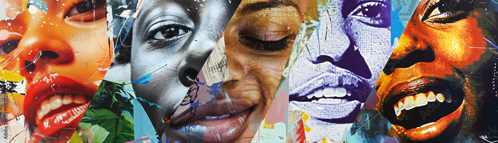 Colorful street art mural featuring abstract close-up portraits of ...