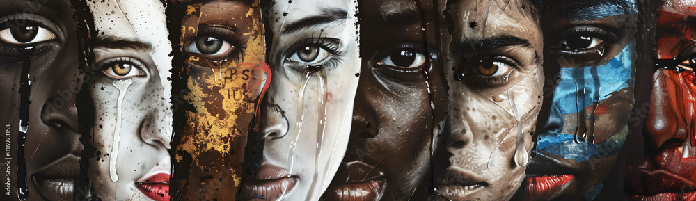 Artistic depiction of several diverse faces with tears and paint ...