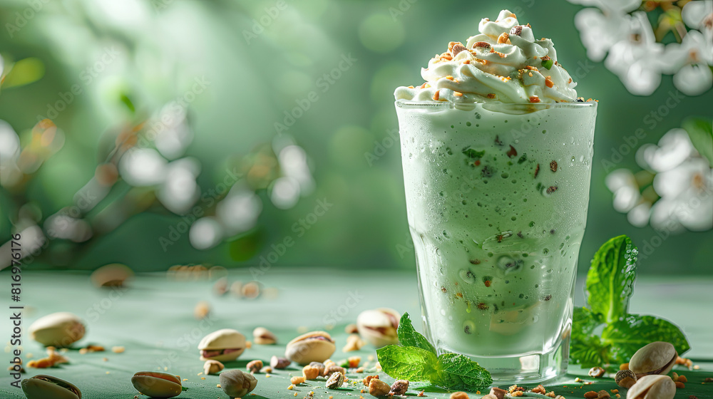pistachio milkshake smoothie in a glass with chunks of fruit , milk ...