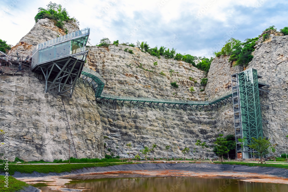 Beautiful view of build structure skywalk bridge on cliff mountain in ...