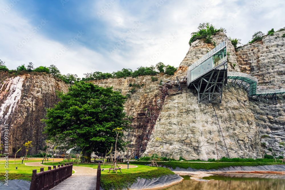 Beautiful view of build structure skywalk bridge on cliff mountain in ...