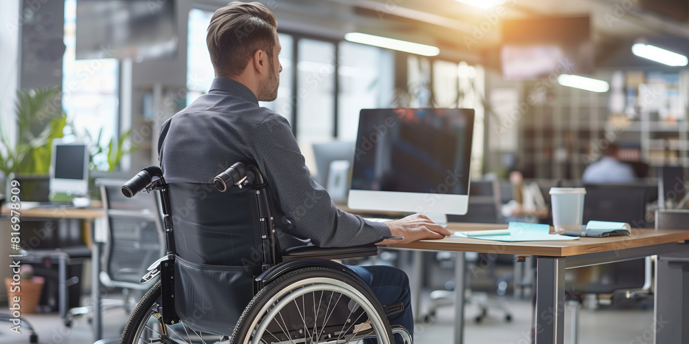 Disabled person using wheelchair in office environment. Man with ...