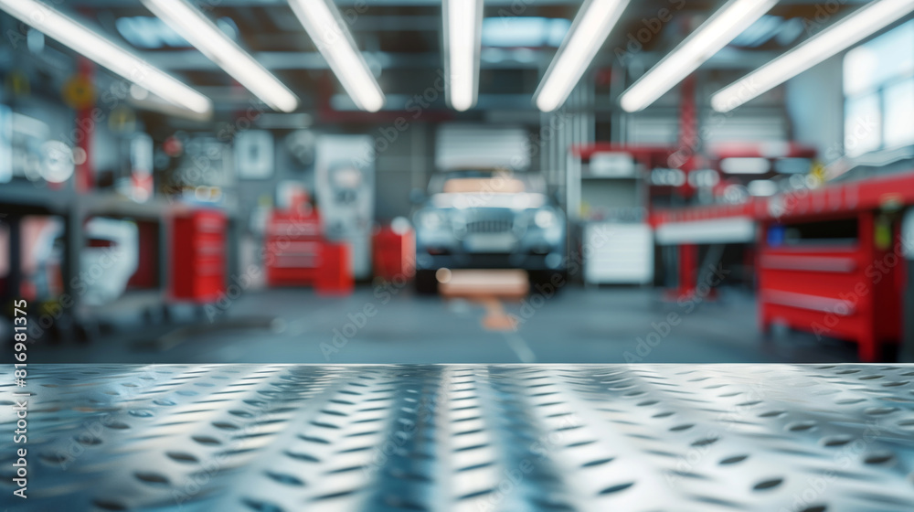Depicts a modern automotive workshop with metal workbenches and a car ...