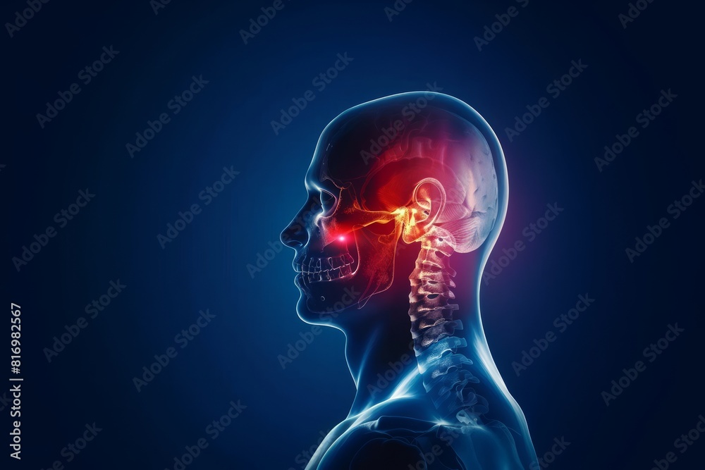 Side view x ray of a man head with red glowing pain in the jaw on a ...