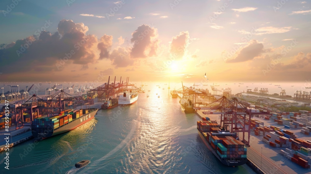 Depict a futuristic port powered by renewable energy sources, with ...