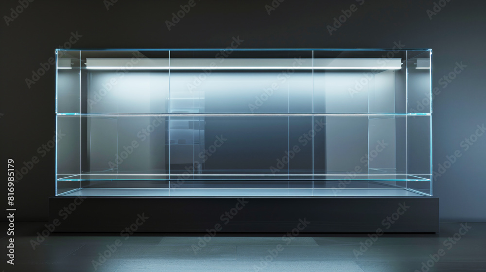 Minimalist mockup of an empty glass display case with shelving ...