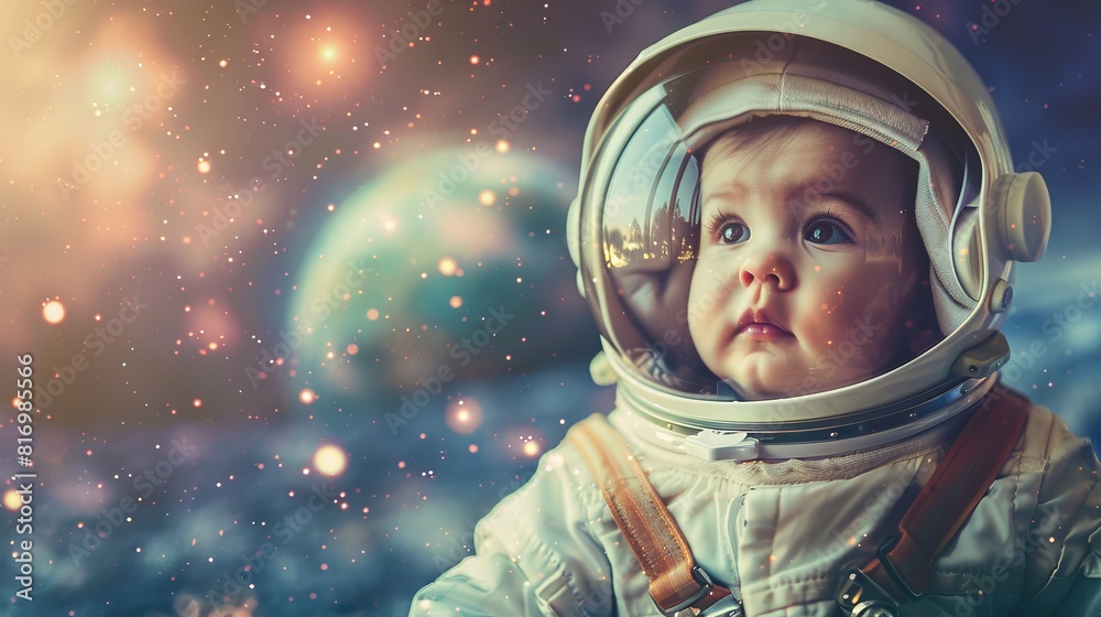 Adorable baby in a space suit and helmet floating near a planet ...