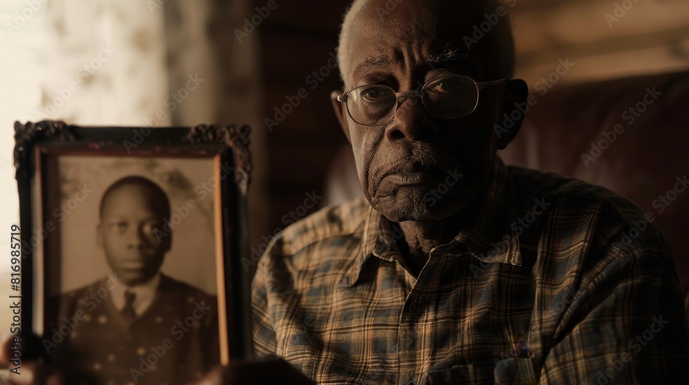 Aged black male presenting an image of his youth, close up on tender ...