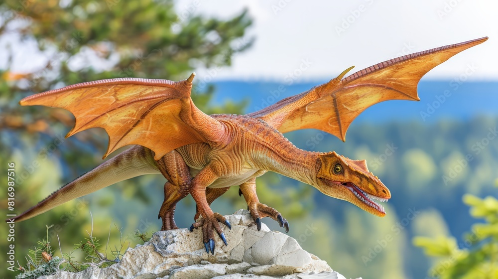 Realistic depiction of pterodactyl standing on a rocky outcrop with ...