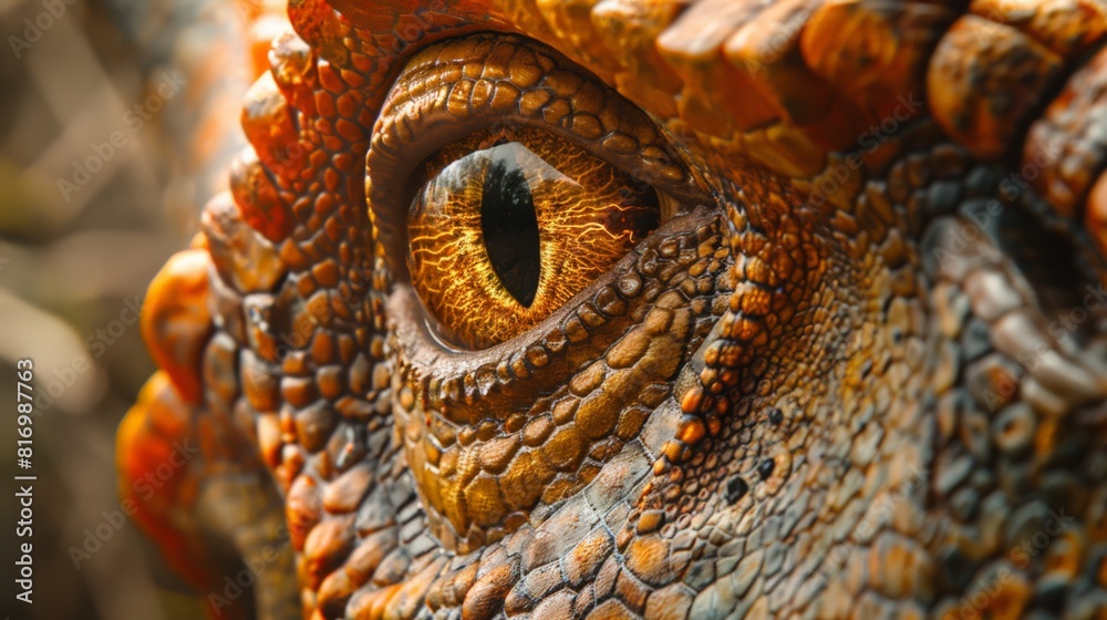 Close-up of Tyrannosaurus Rex eye. Detailed view of orange, reptilian ...