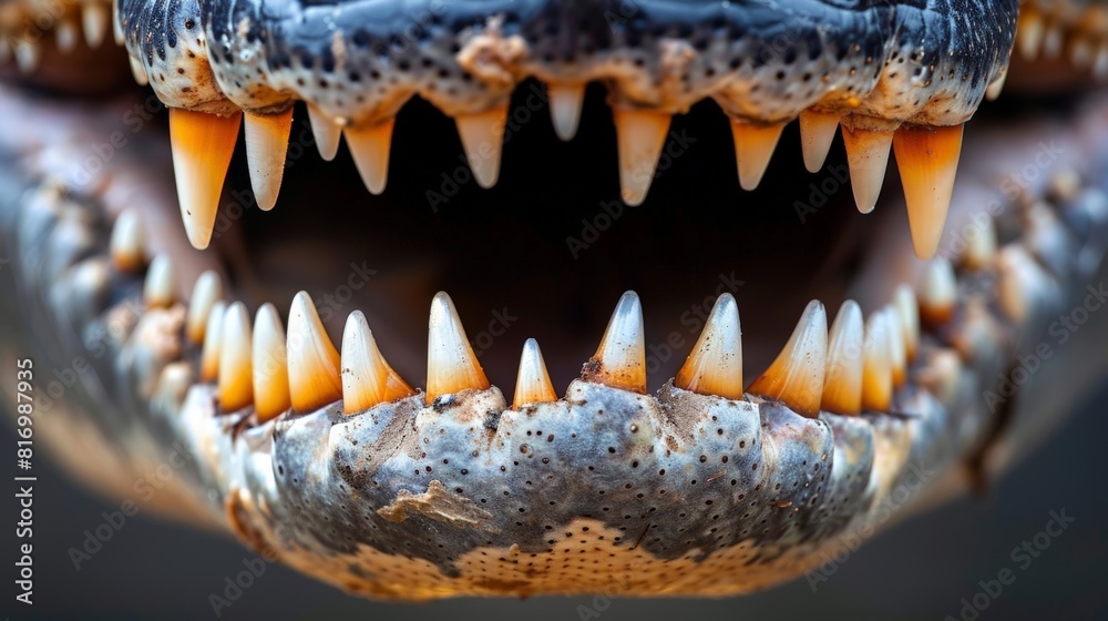 Close-up of Spinosaurus jaws. Detailed, sharp teeth with textured ...