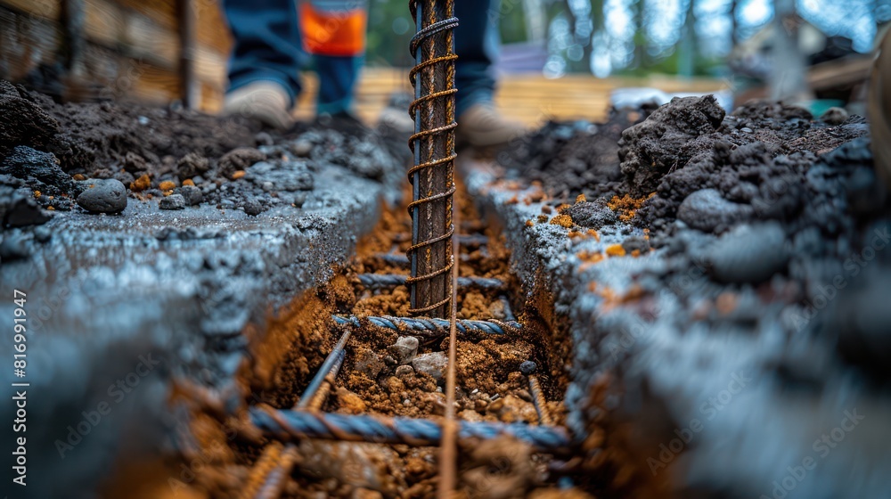 Foundation trench with rebar grating Ready to pour concrete Stock Photo ...