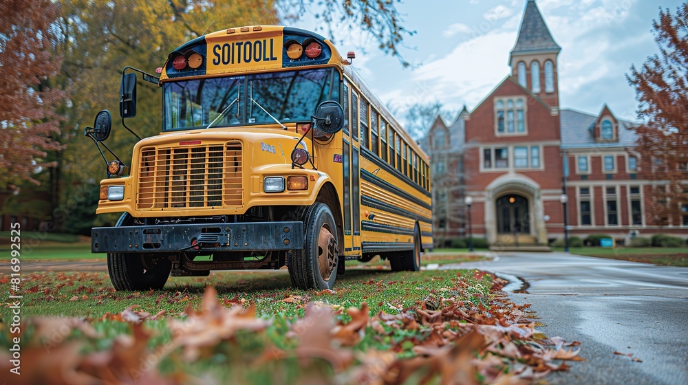A school bus parked in front of the school building, ready to transport ...