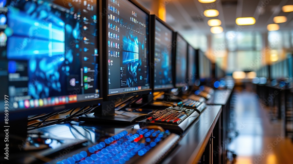 A computer lab with rows of computers and monitors, representing the ...