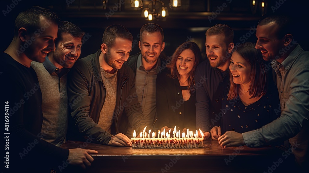 Group of people in a birthday party front of birthday cake with candles ...