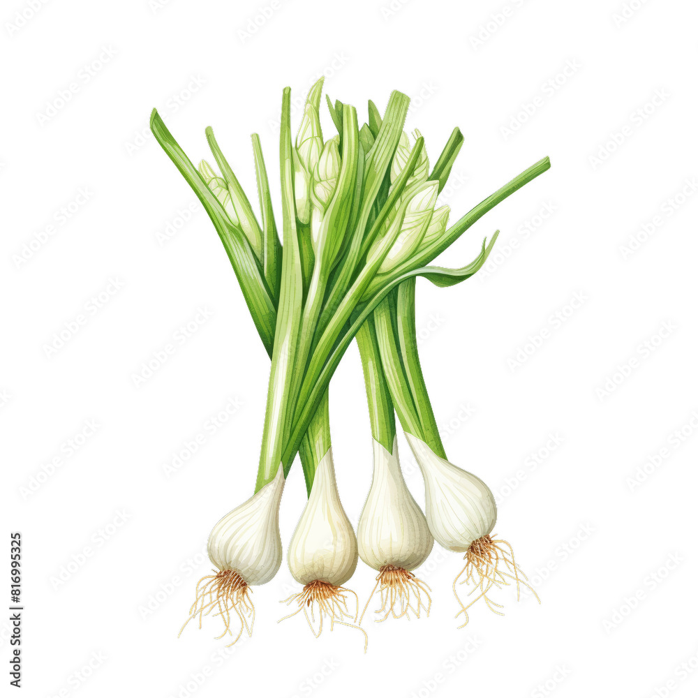 A cross section of a white bulb of fennel with green stalks and leaves ...