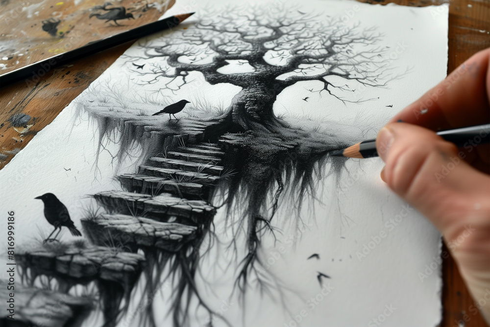 Artist creating a mystical tree and bird pencil drawing. Generative AI ...