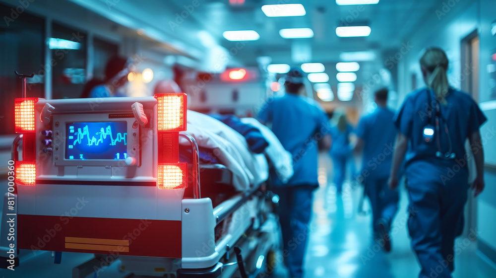 Emergency room scene with medical staff rushing a patient along a ...