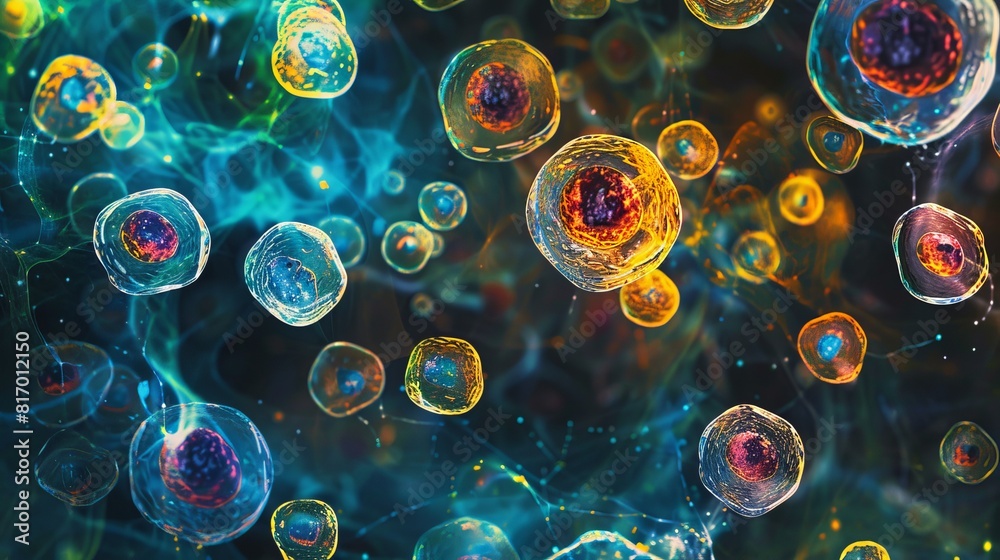 Hypnotic array of stem cells shown in a kaleidoscope of colors under a ...