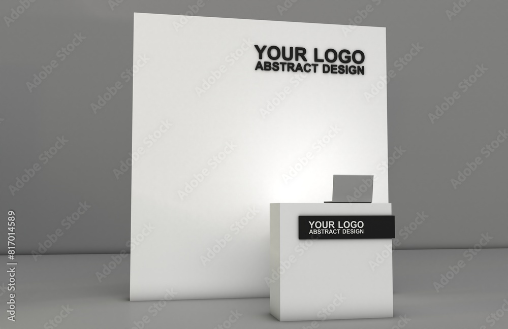 Welcome desk white background, 3d rendering. Perspective view of a ...