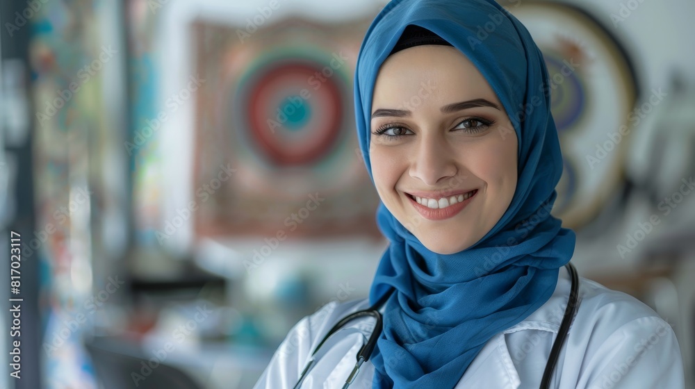 Joyful Muslim female doctor with a stethoscope, focus on her confident ...