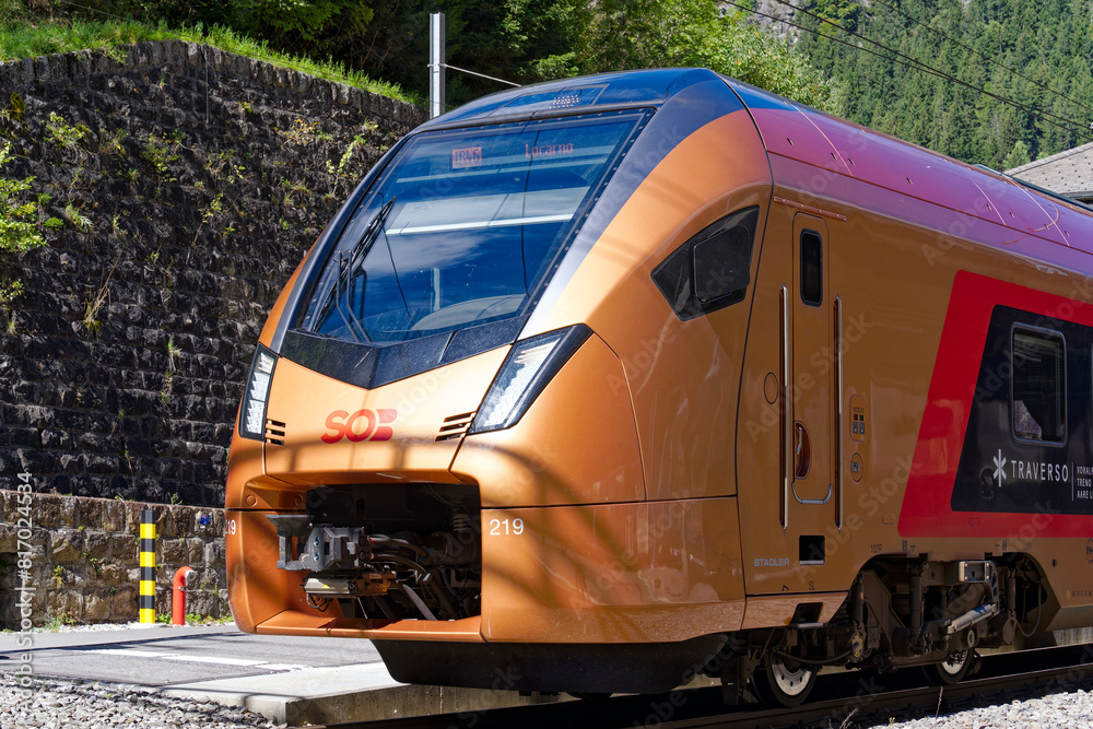 Golden SOB train destination Locarno at Swiss railway station Göschenen ...