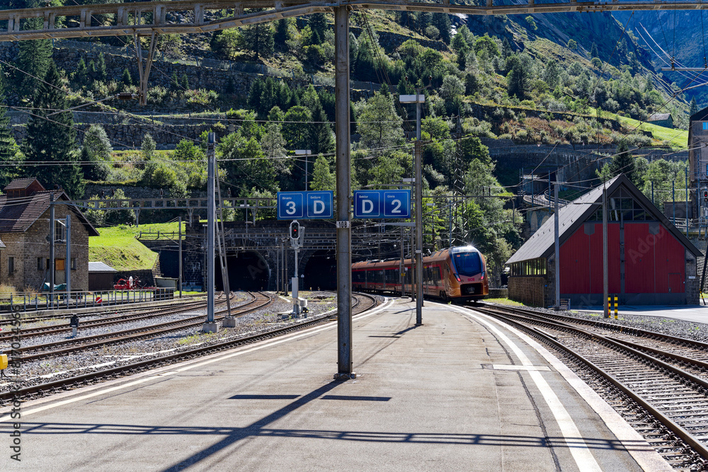 Golden SOB train destination Locarno at Swiss railway station Göschenen ...