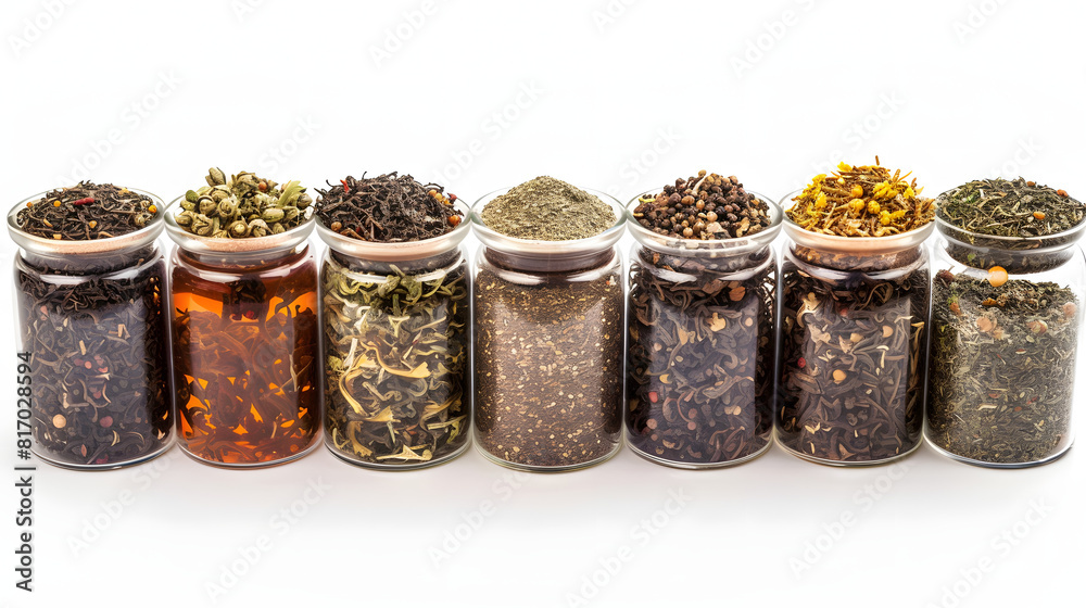 Different varieties of loose leaf teas stored in labeled containers at ...