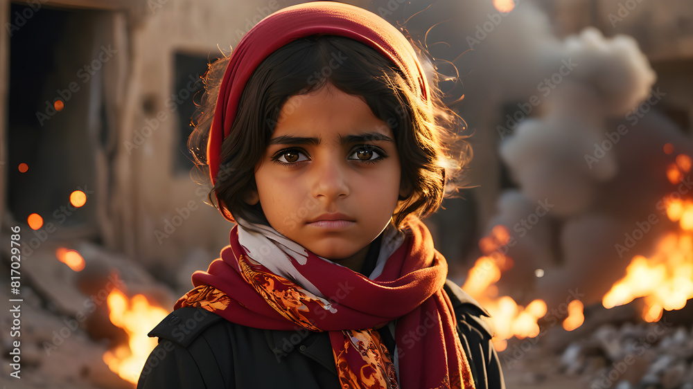 Sad child from Palestine, Gaza, wearing scarf, fire, explosions ...