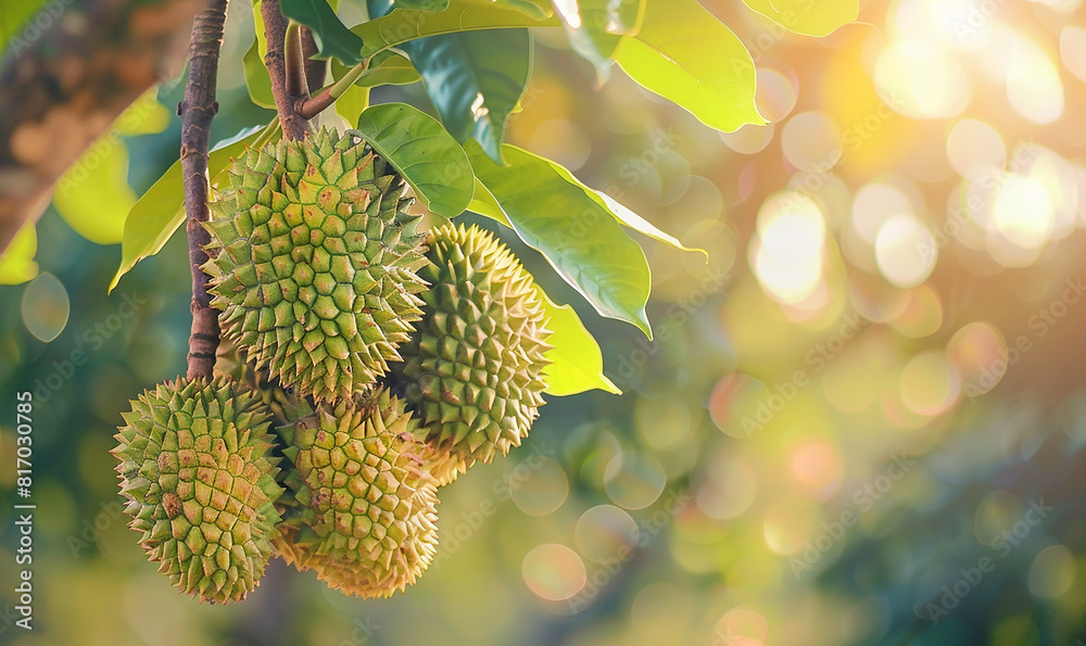 Close-up photo of Thai durian tree Fresh durian on a large, growing ...