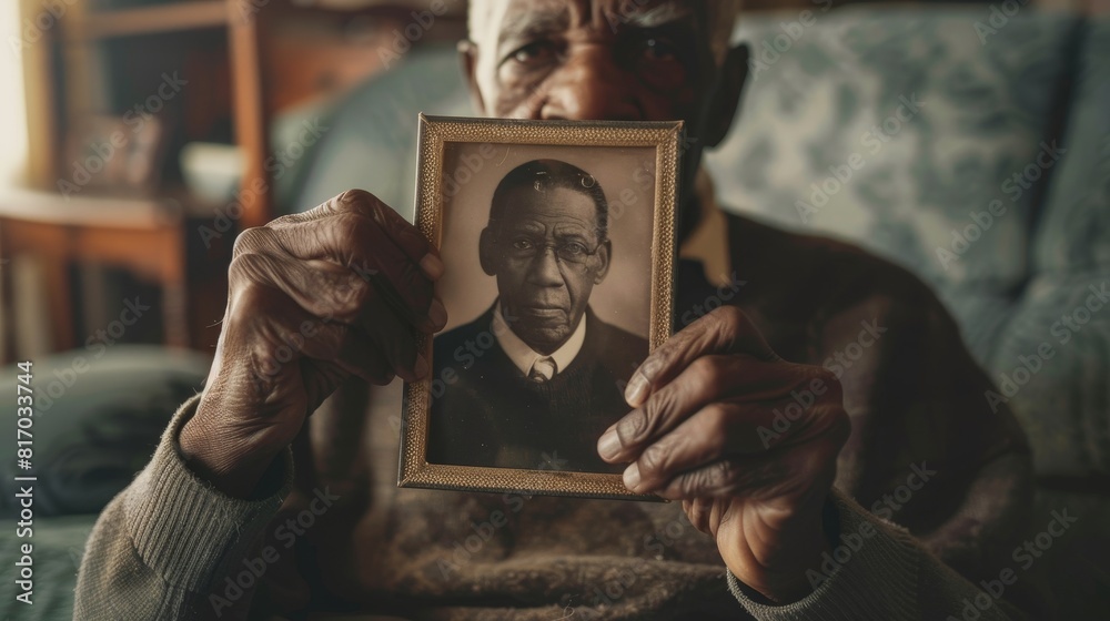 Senior black man holding an old photograph of his younger self, close ...