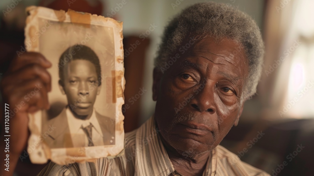 Senior black man holding an old photograph of his younger self, close ...