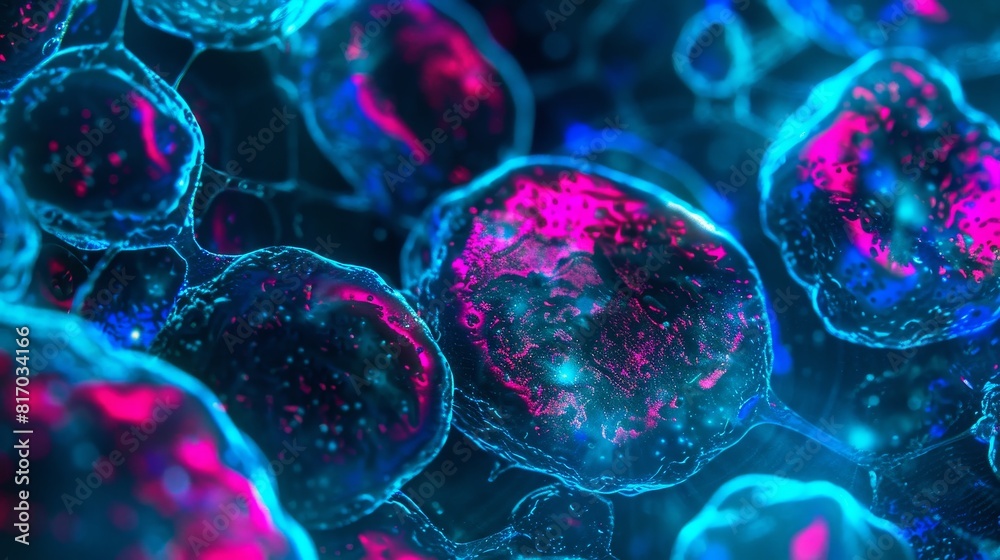 Stem cells depicted with fluorescent coloring under microscopic ...