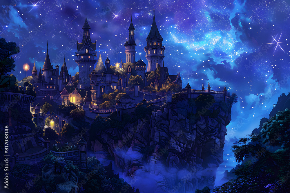 A detailed illustration of a fantasy castle perched on a cliff, with ...